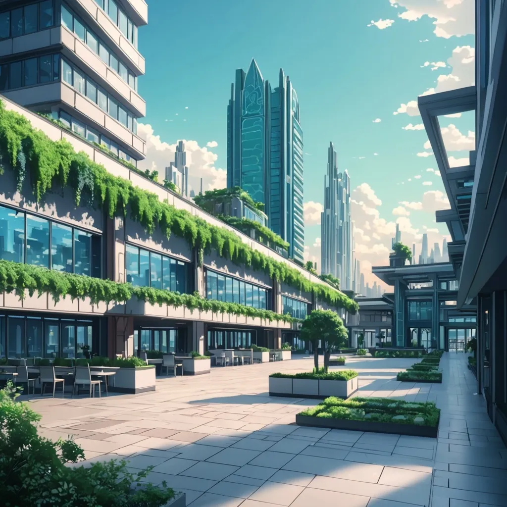 City Plaza, (anime style), (cool color scheme), sere...
