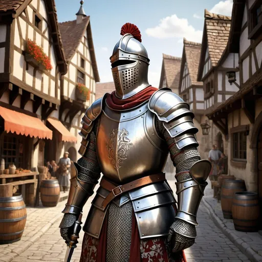 Knight strolling through a sunny village market, fru...