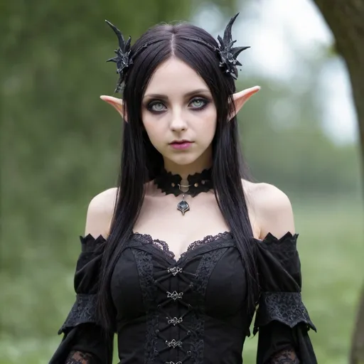 A girl with black gothic dress, with dull eyes, with...