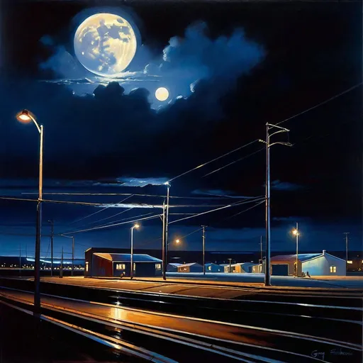 Steelport at night, streets, dark blue sky, moon, re... | OpenArt