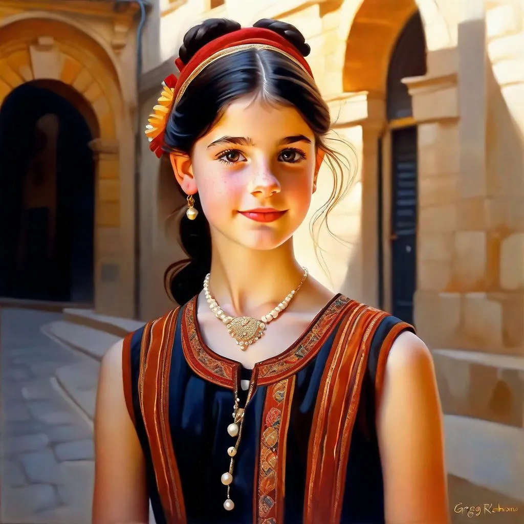 A 13 years old Maltese girl, pale skin, freckles, bl...