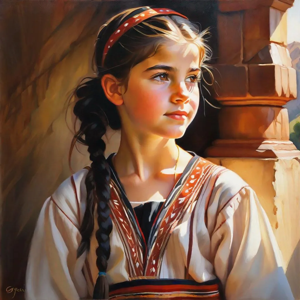 A 13 years old Albanian girl, pale skin, freckles, b...