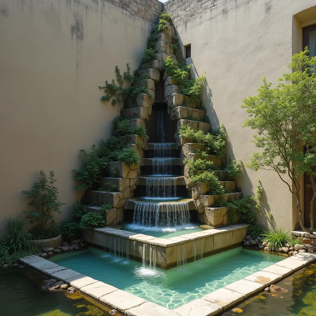 A triangular fountain in the corner of the wall, wit...