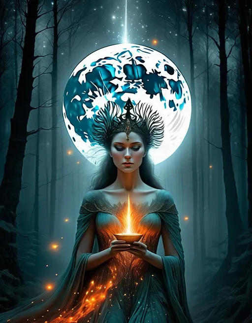 Beautiful fire moonlight forest goddess , style by B... | OpenArt