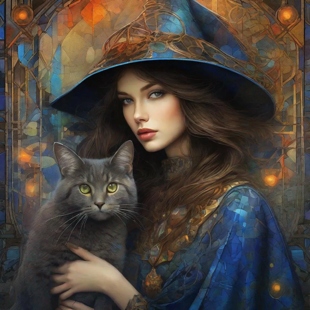 A beautiful girl witch and her cute alien cat art st...
