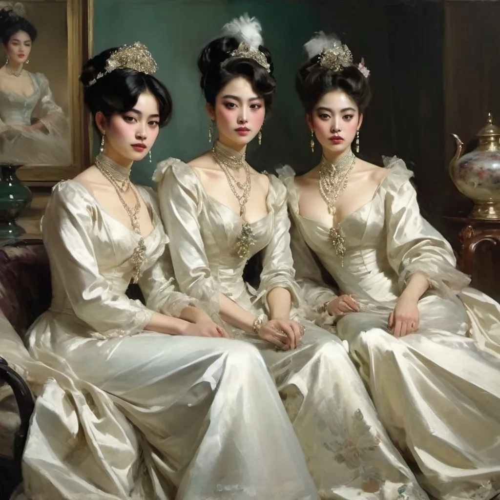 A portrait of three wealthy, beautiful asian beautie...