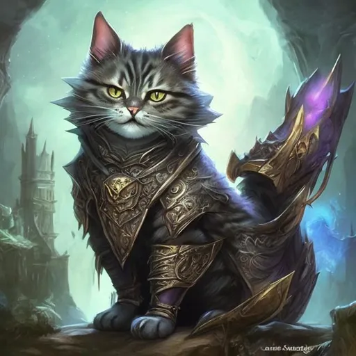 A cat blacksmith with a glowing red sword on an anvi... | OpenArt
