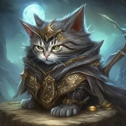 A cat blacksmith with a glowing red sword on an anvi... | OpenArt