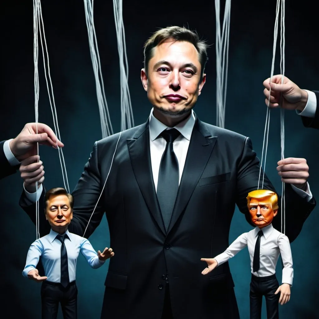 Evil Elon musk as a puppeteer controlling donald tru...