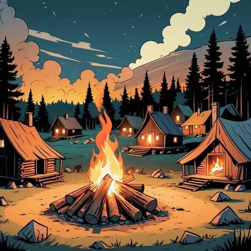 Campfire surrounded by a settlement of 10 log cabins...