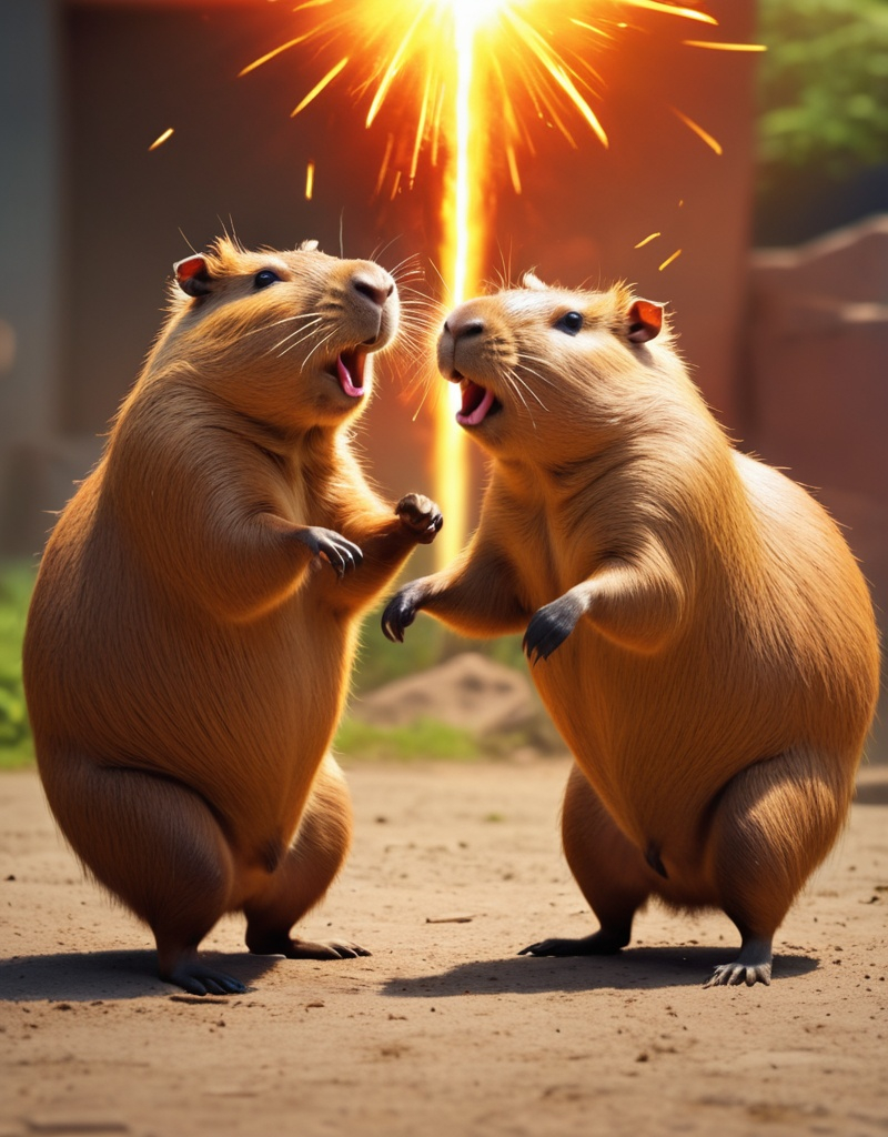 capybara engaging in a humorous fistfight with a gia...