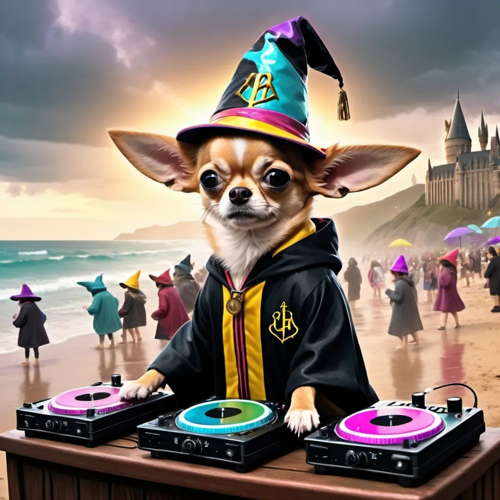 Harry Potter DJing at beach, rainy day, chihuahua cr...