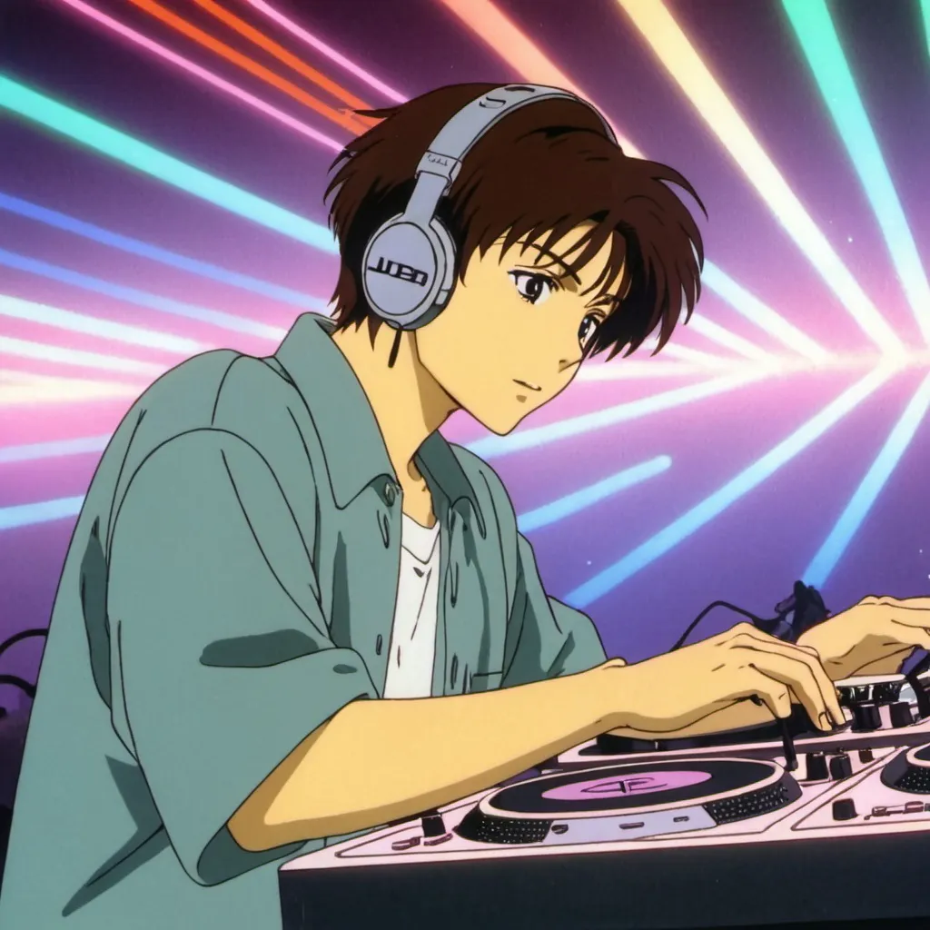 1990s anime screencap, a DJ , coloured lights, anime...