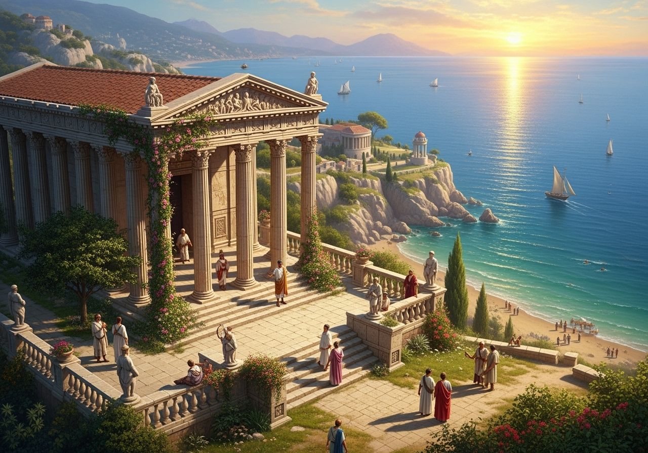 Aerial view of a splendid Roman temple overlooking t...