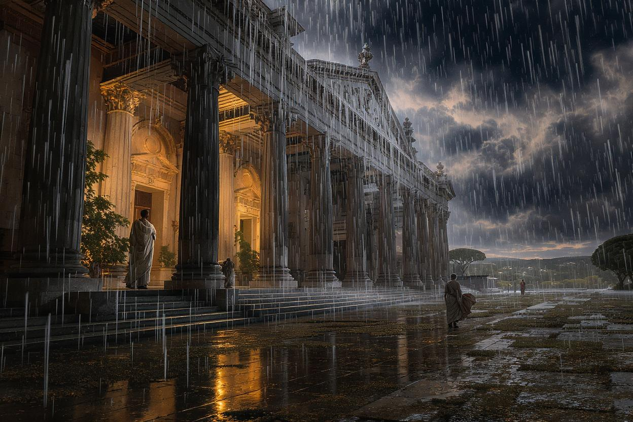 A Roman palace under the rain. Roman Empire period,...