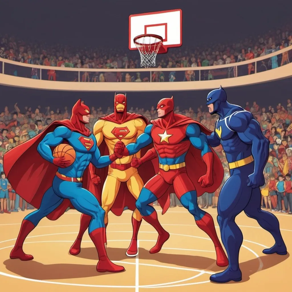 Superheroes playing a basketball tournement