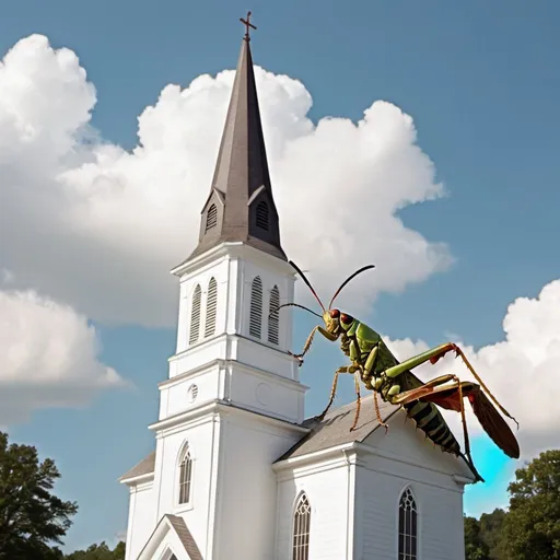 A giant locust attacking a white church with steeple