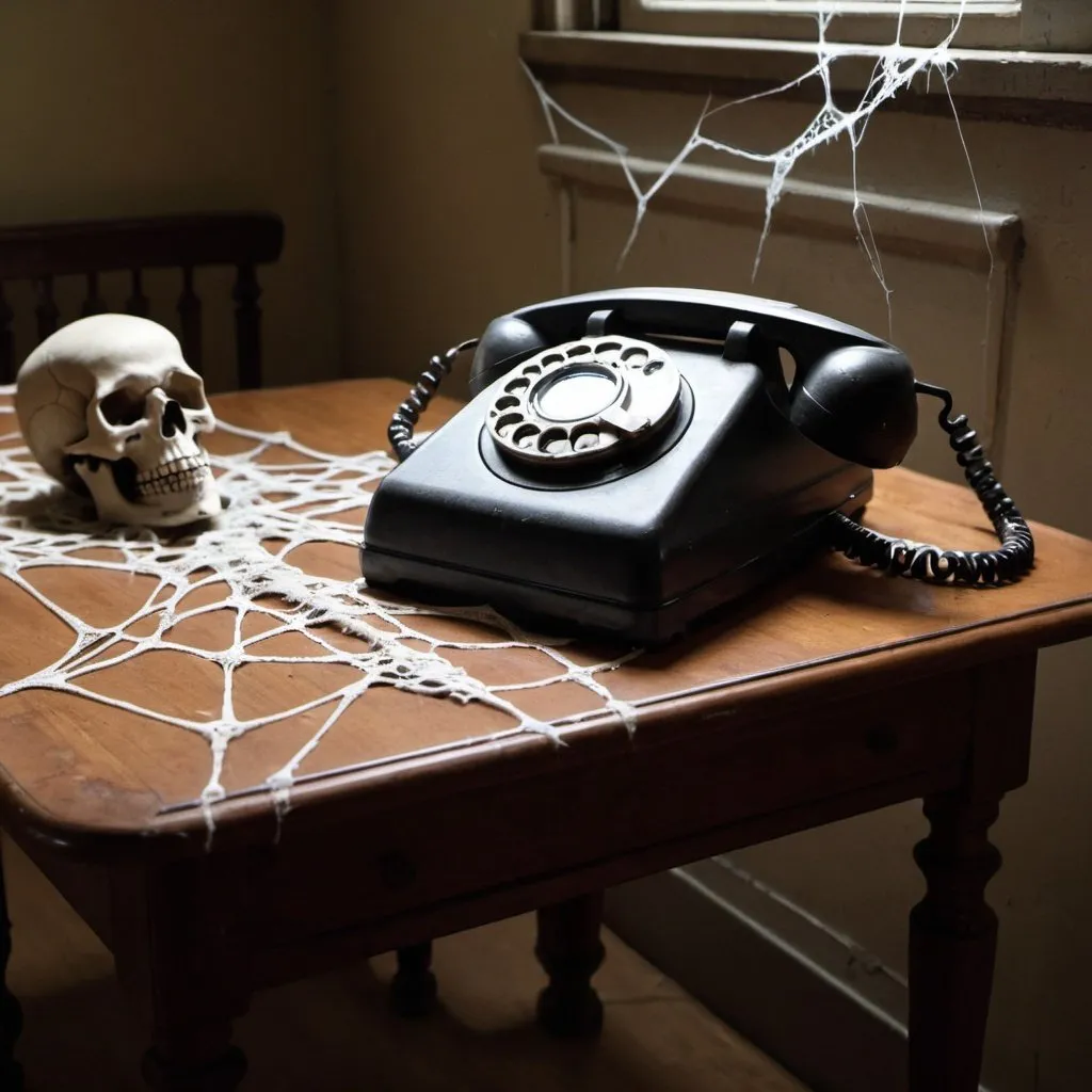 A rotary phone sits on a table with a skeleton seate...