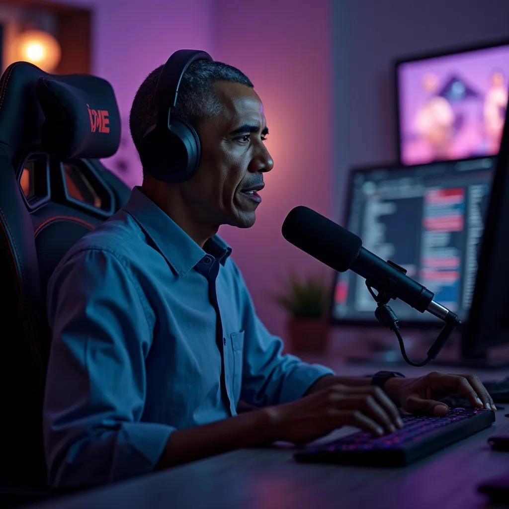 Picture of Obama sitting in a gamer chair with headp...