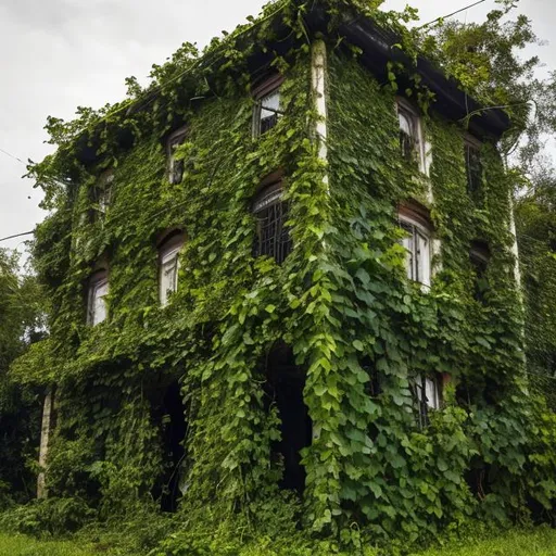 Overgrown concrete house with tropical plants full view | OpenArt
