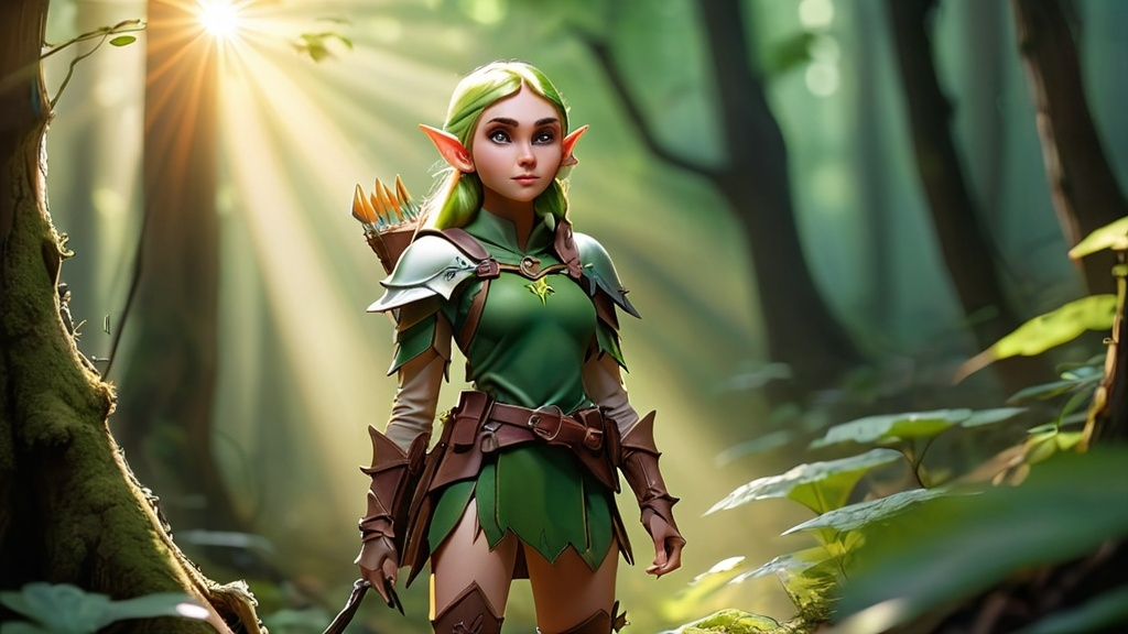 Elf ranger in a mystical forest around sunlight