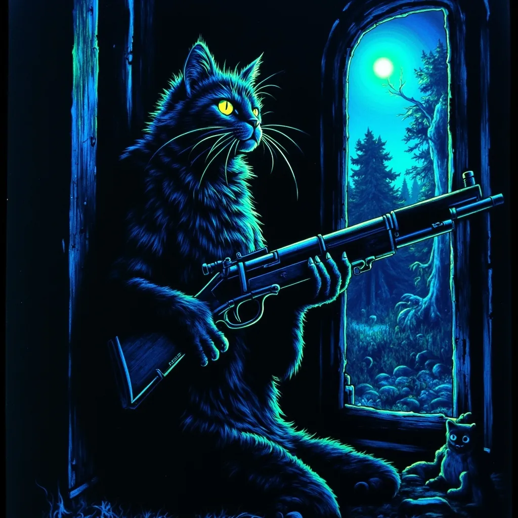Cat holding a rifle aiming out a window.