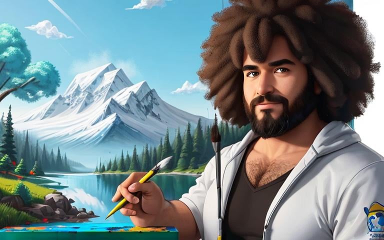 Arafed, the diligent robot cosplaying as Bob Ross, p...