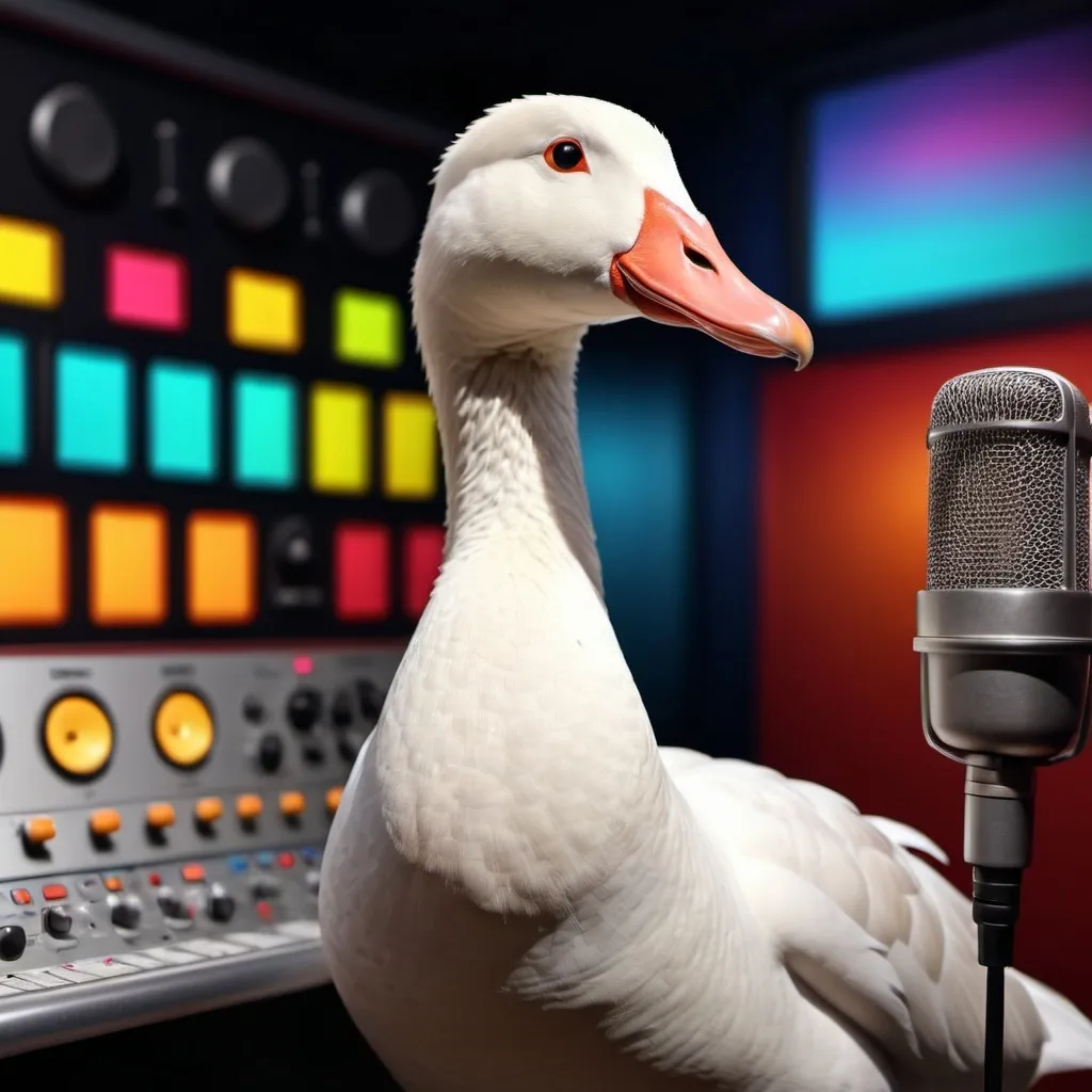 A white goose in a radio studio wearing headphones...