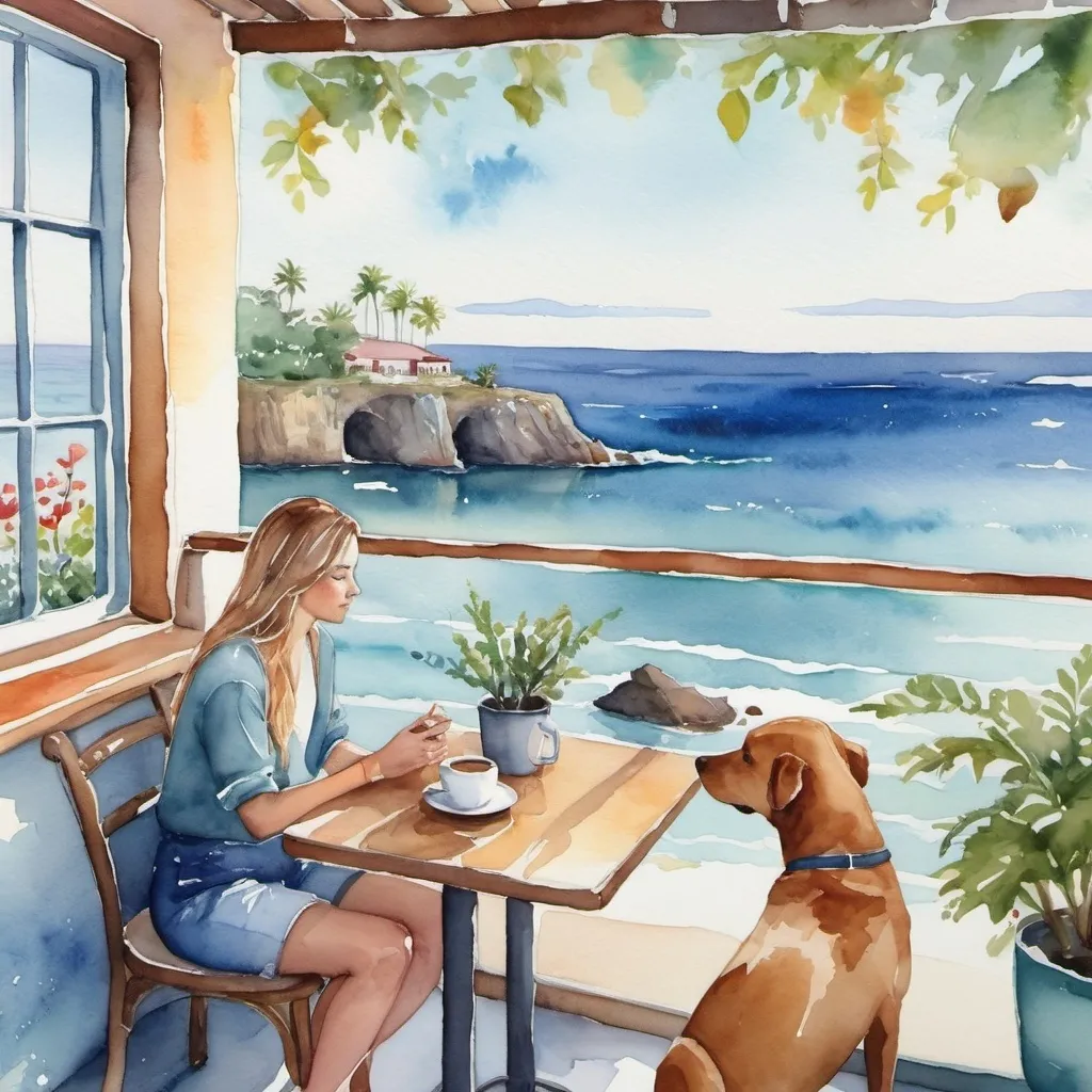 watercolor calming scene cafe overlooking ocean dog