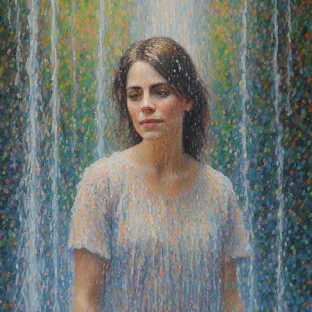 A portrait painting of a woman, in the pointillism s...