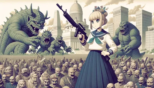 a girl holds a gun over an army of monsters, in the...