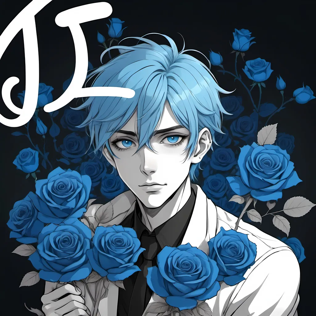 Anime line drawing of a male character with blue hai...