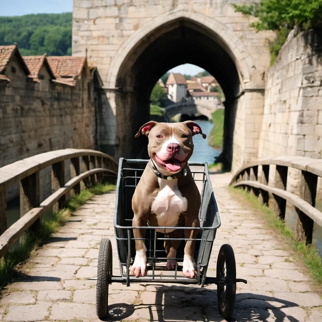 Pit Bull in a cart behind a bike over a medieval bridge