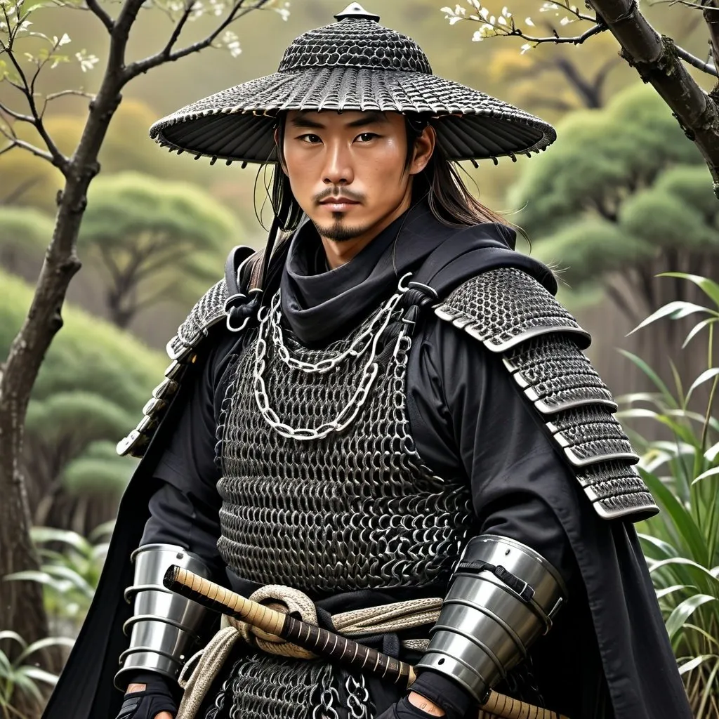Male human paladin in samurai-style chain mail, wear...