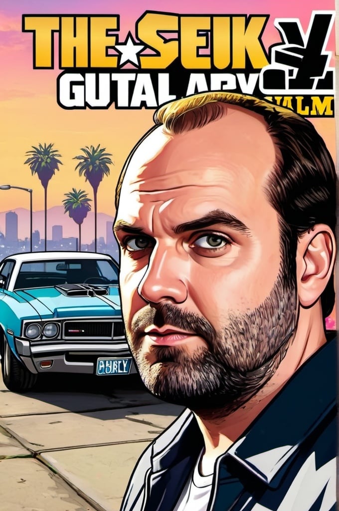 Detailed hi res GTA V cover art, cartoon illustratio...