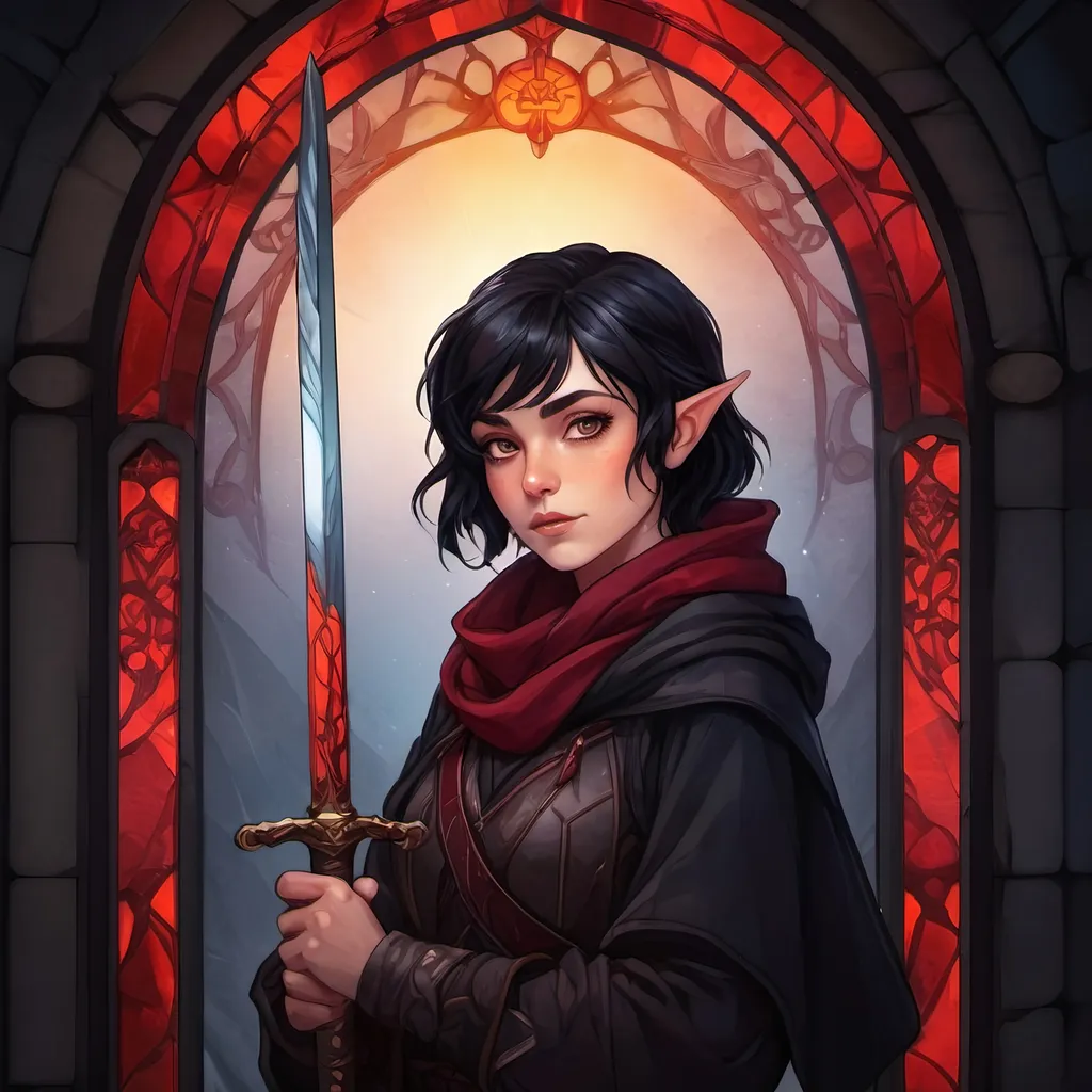 A short female elf with messy thick short black hair...