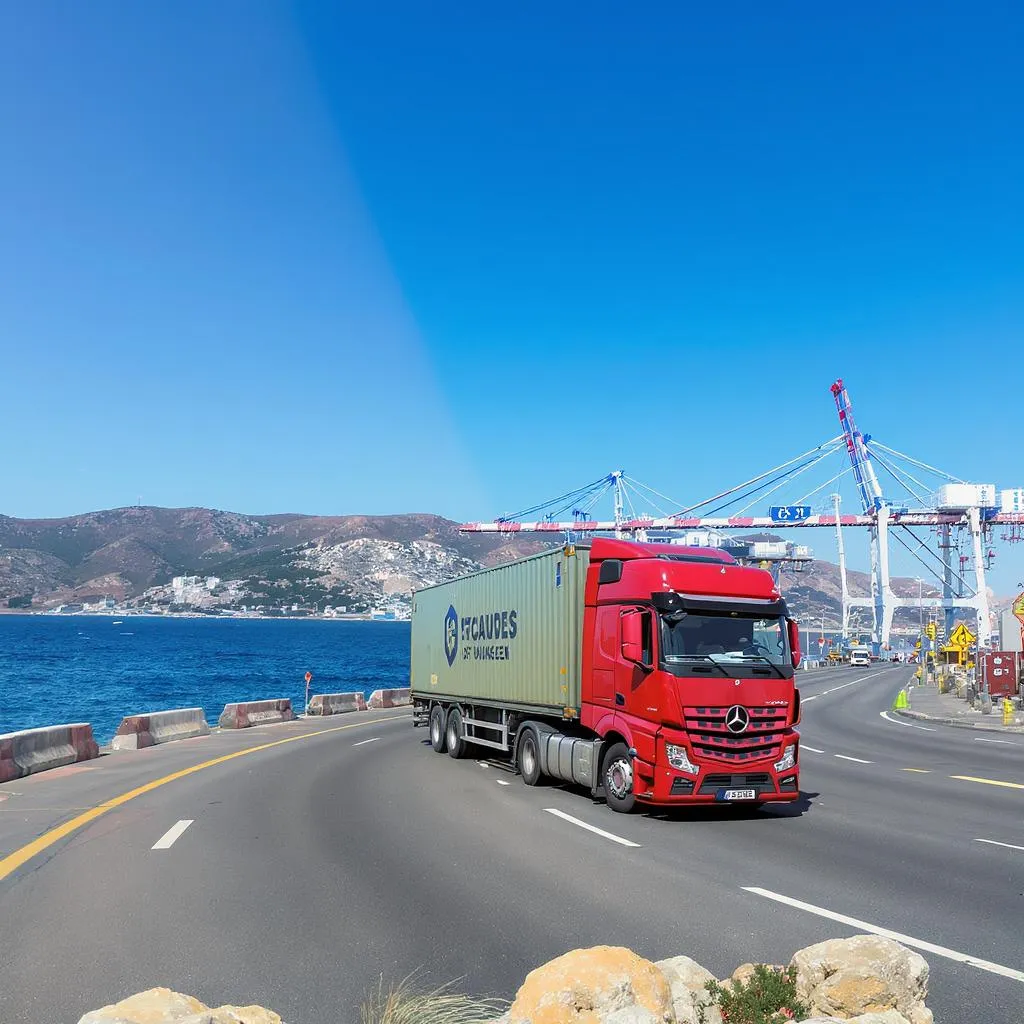 A great image of a truck hauling it's container carg...