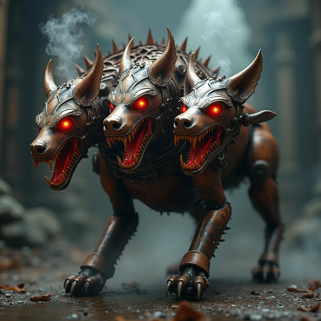 A fearsome Steampunk Cerberus, the legendary three-h...
