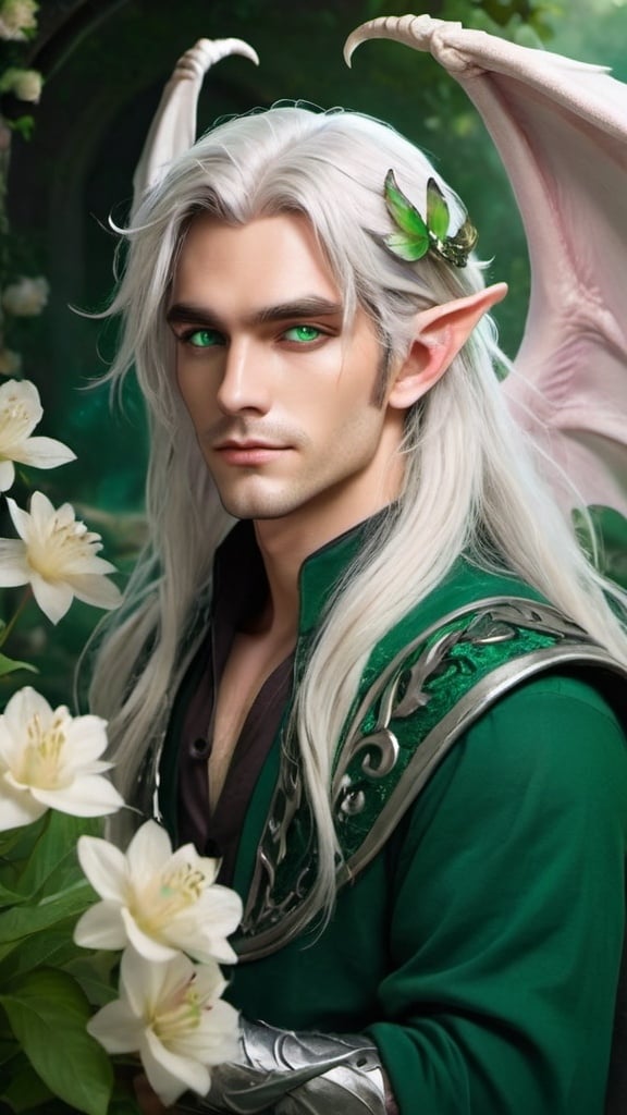 A Fae male with dragon wings, pointy ears, long silv...