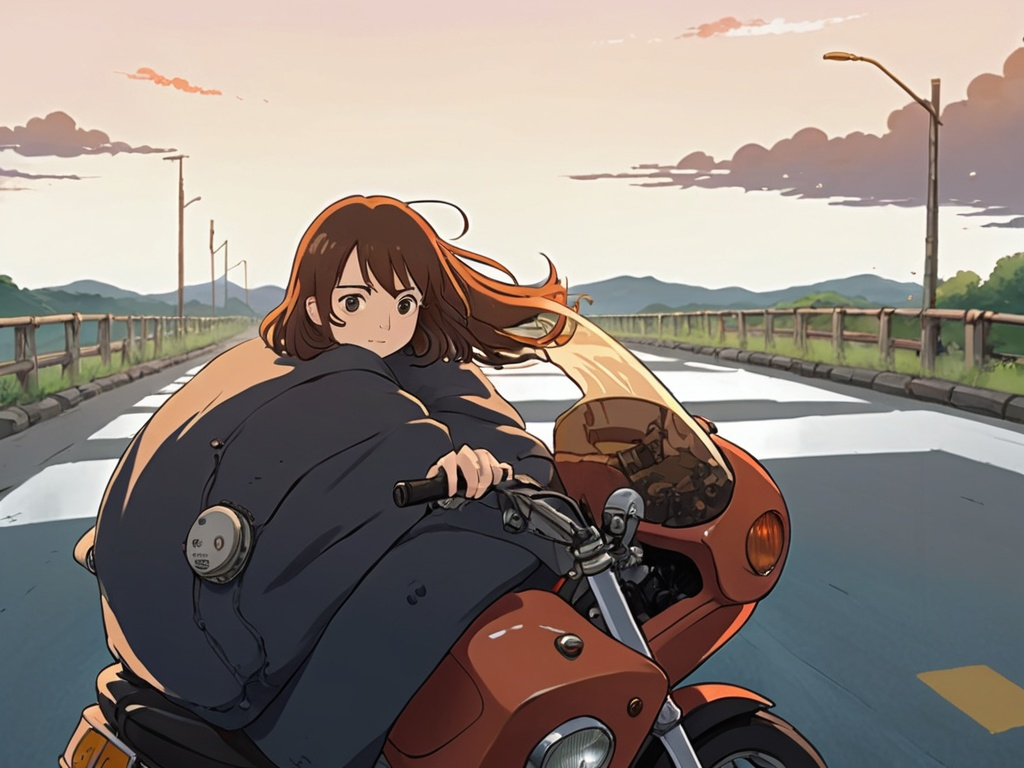2d studio ghibli anime style, girl on motorcycle, an...