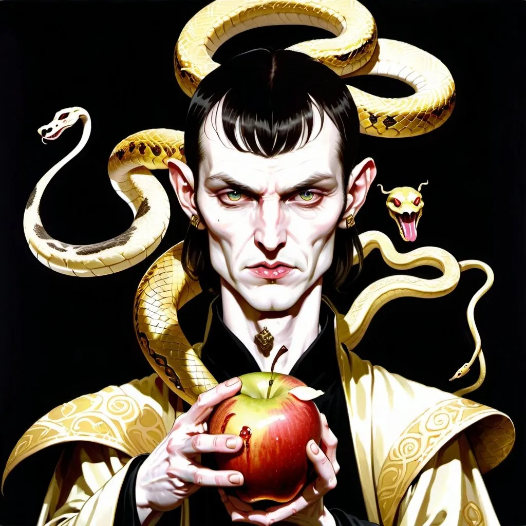 Pale-skinned evil man holding an apple, wearing gold...