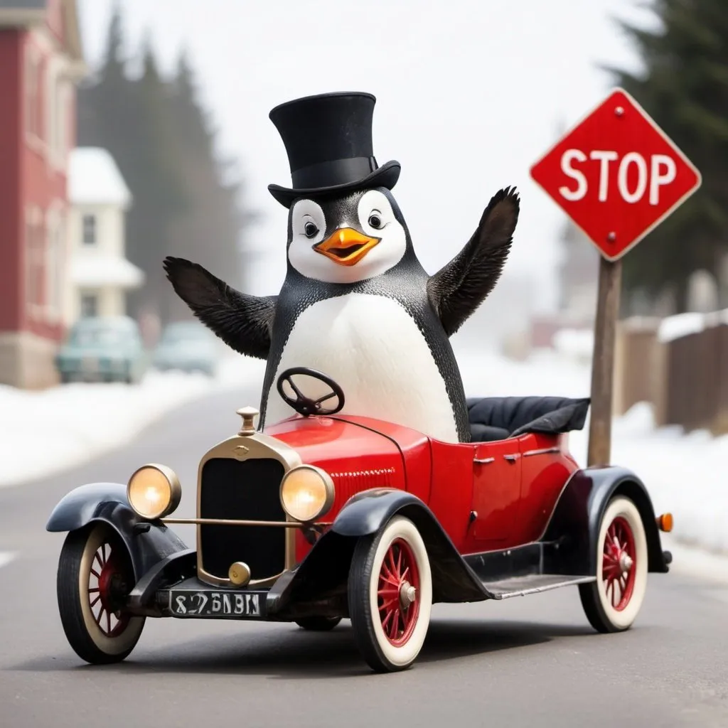 a penguin with top hat driving a vintage car with a...