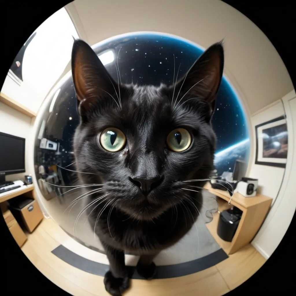 A fish eye cam effect cat black on the space