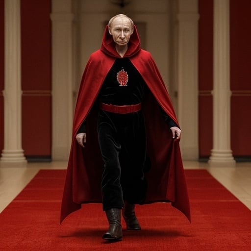 Vladimir putin is the devil wearing red floor-length...