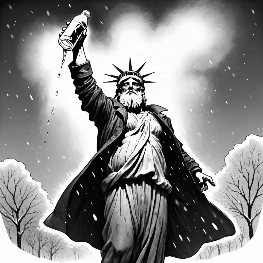 A fantastical man with a white beard stands triumpha...