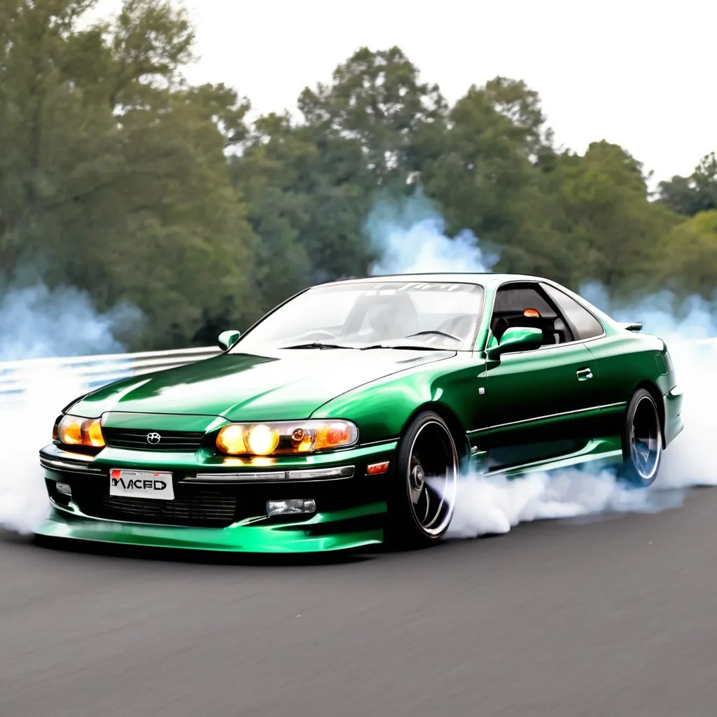 draw a toyota soarer dark green doing burn out, twin...