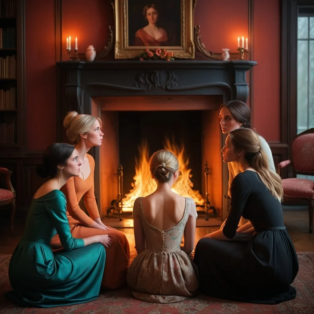3 women in a fancy room with a fire in a fireplace h...