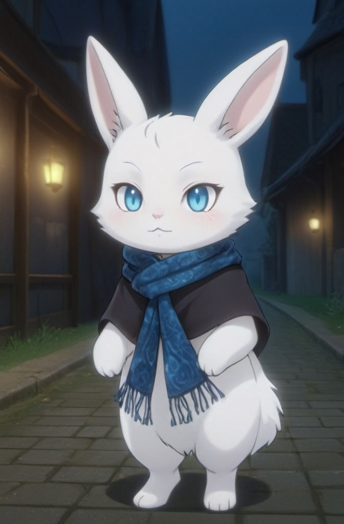 Anime chibi white rabbit ghost with a black coat and...