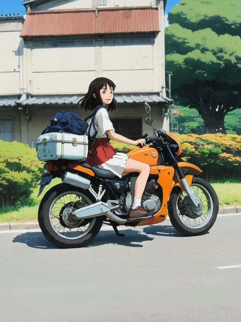 2d studio ghibli anime style, girl on motorcycle, an...