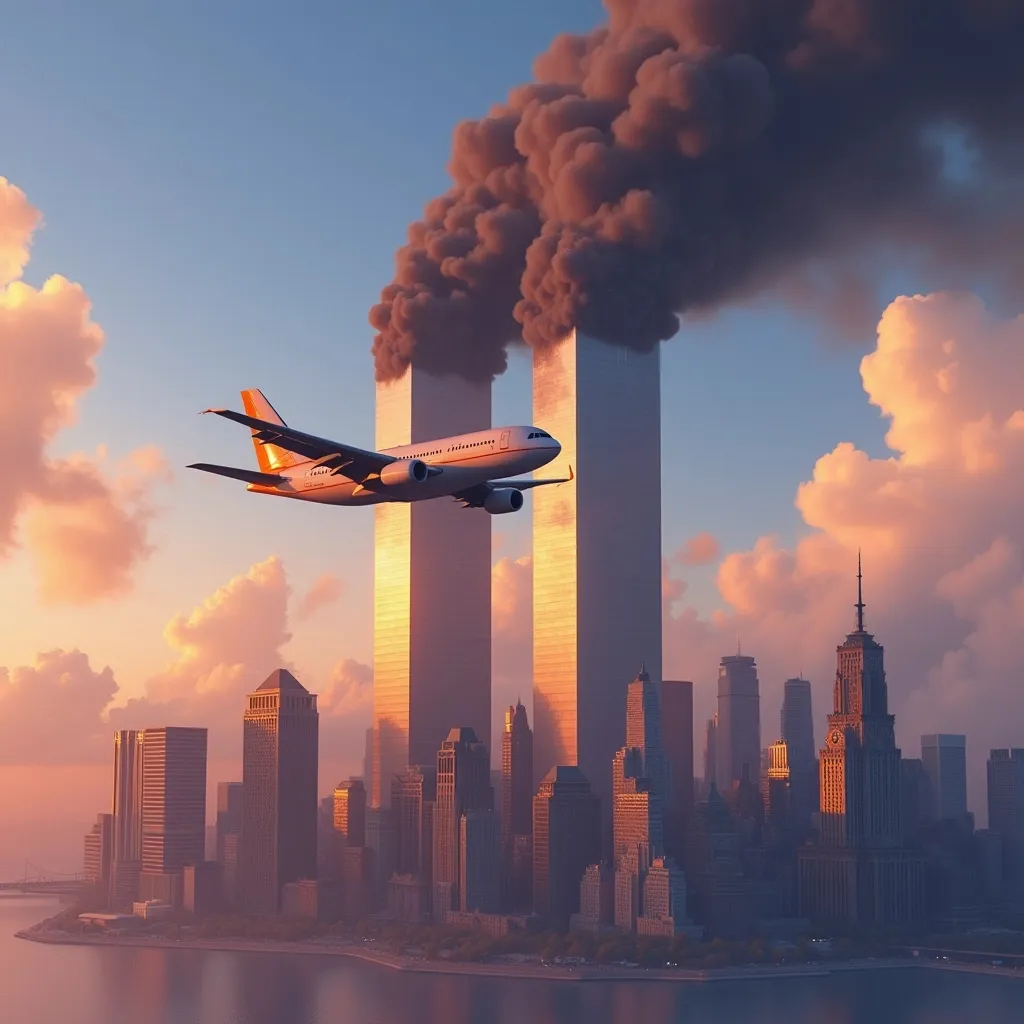 A plane hitting the twin towers in the style of a p...